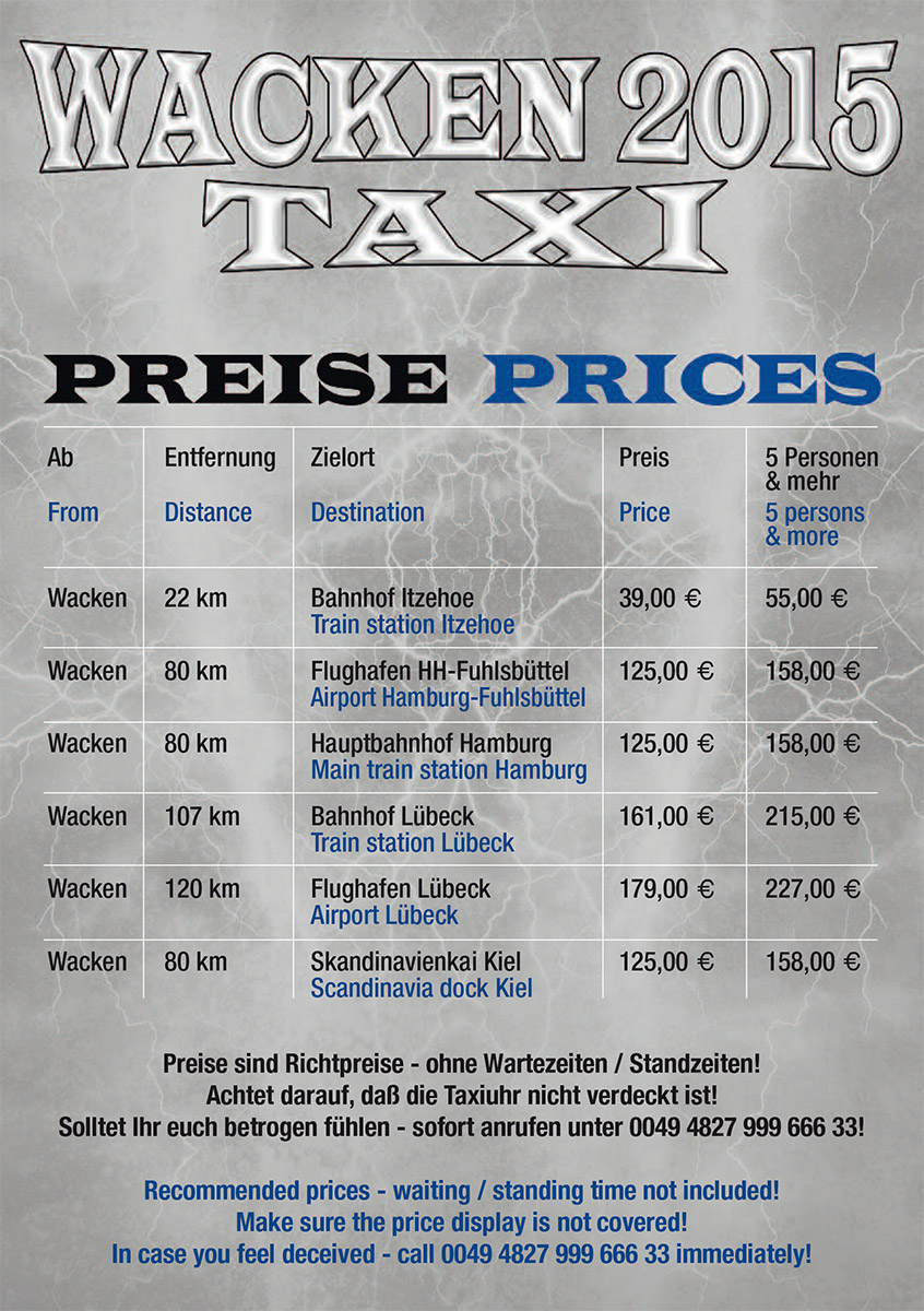 Taxi price list for the departure W:O:A 2015 | Wacken Open Air